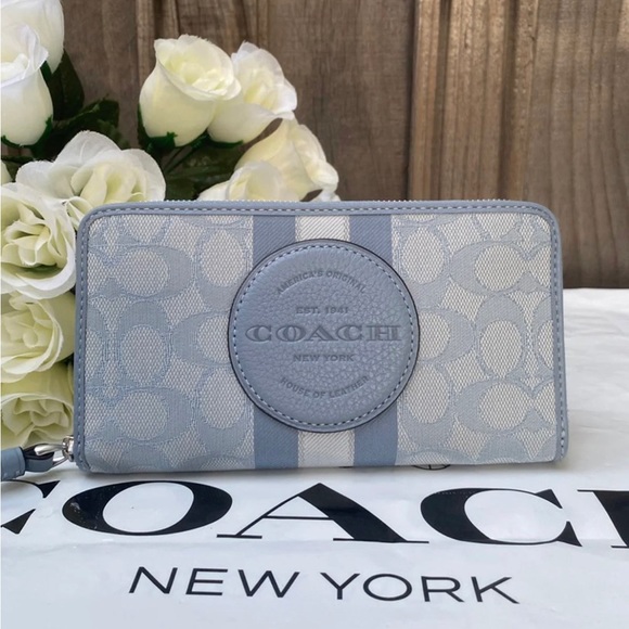 Coach | Bags | Coach Dempsey Large Phone Wallet Jacquard With Stripe ...